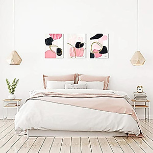 B BLINGBLING 3 Framed Pink Wall Decor: Blush Pink and Black Room Decor Black Pink Gray Gold White Abstract Canvas Art for Girls Bedroom Bathroom Office Living Room Home Decorations 12"x16"x3 Panels