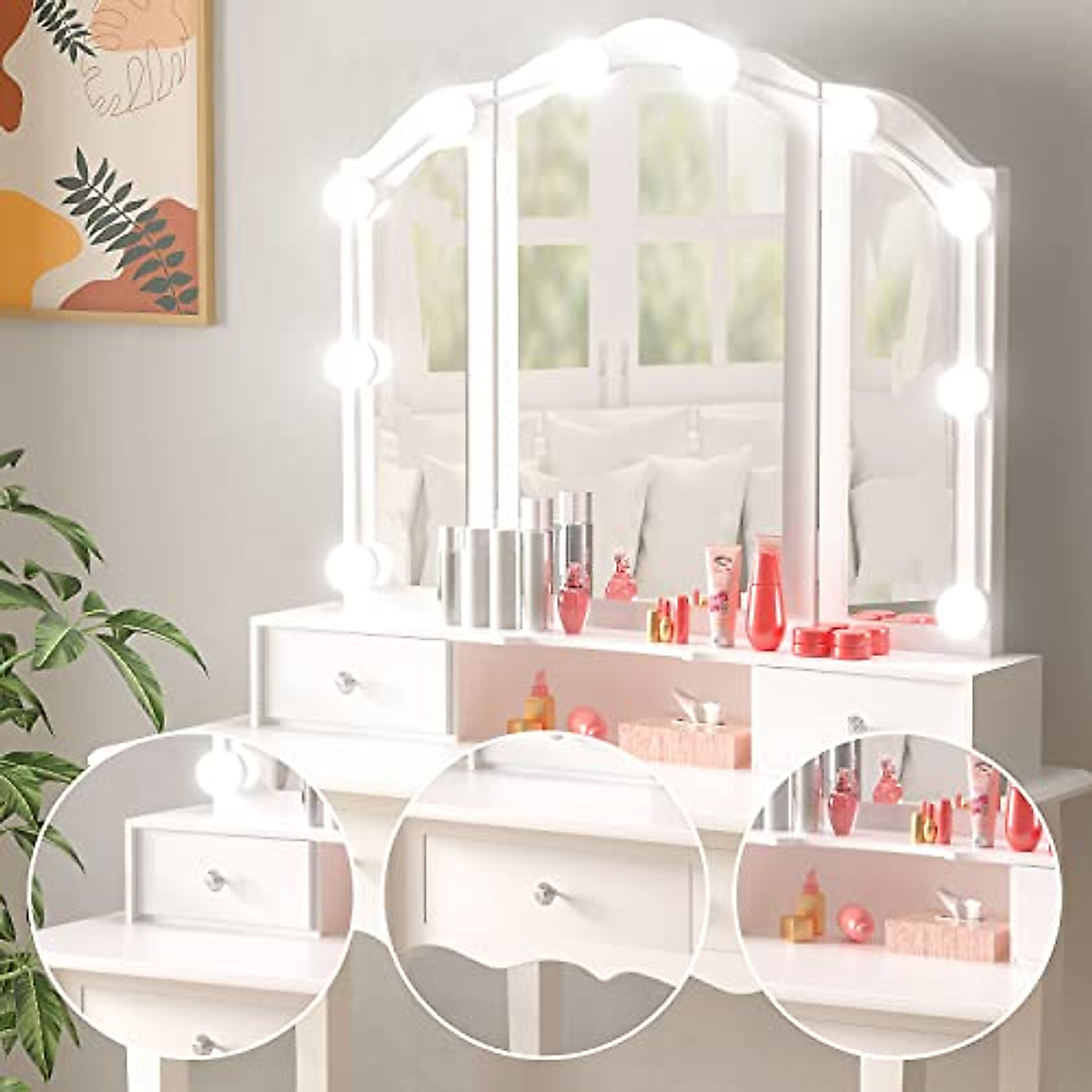 GinguoHome Vanity Set with Lighted Mirror, White Dressing Table,Makeup Vanity with Tri-Fold Mirror and 10 LED Dimmable Bulbs,Dressing Table with Cushioned Stool&4 Drawers,for Bedroom Vanity Desk White