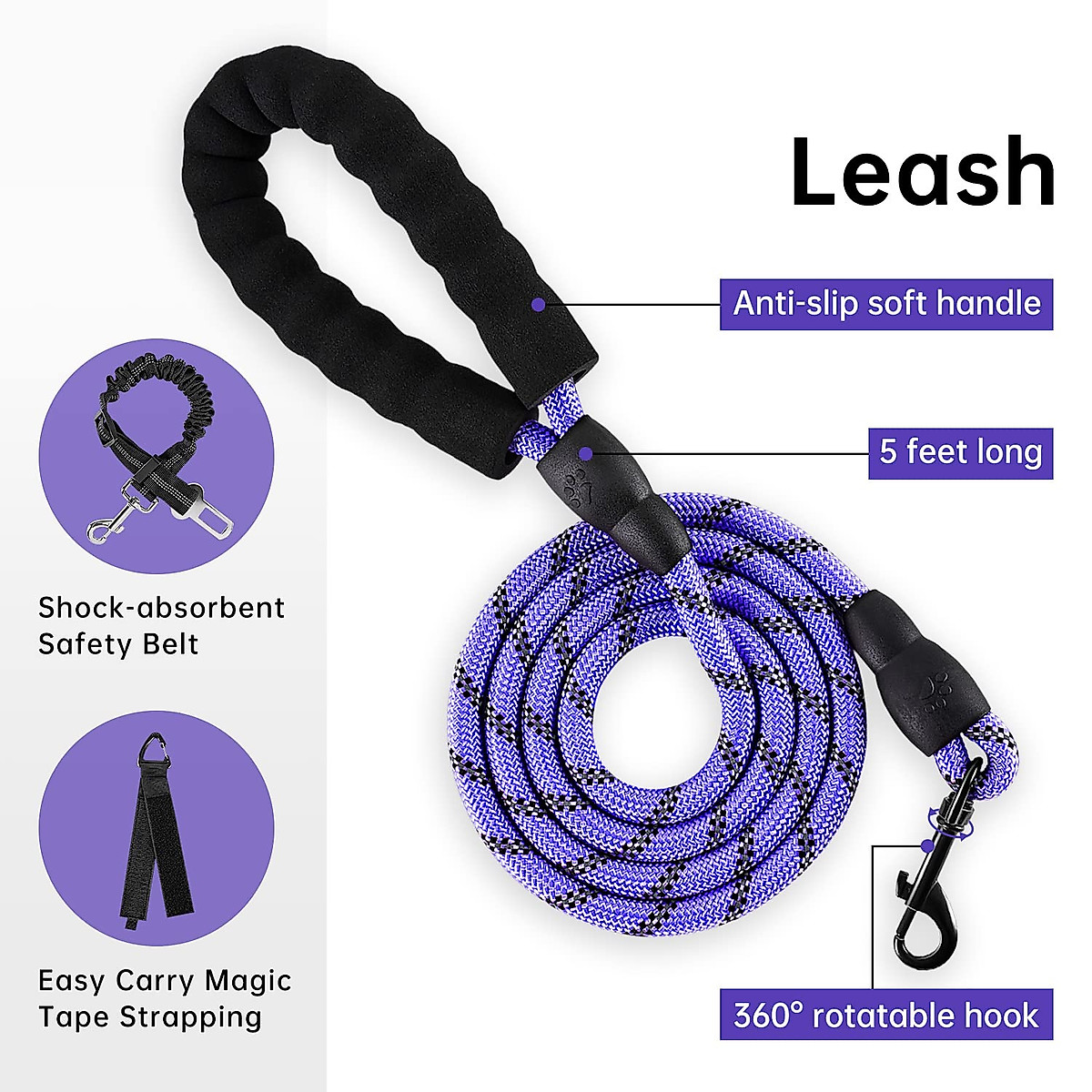 IVY&LANE No Pull Dog Harness for Small Dogs, Dog Vest Harness with Leash, Safety Belt and Storage Strap, Fully Adjustable Harness, 360° Reflective Strip, Soft Handle (Purple, S)