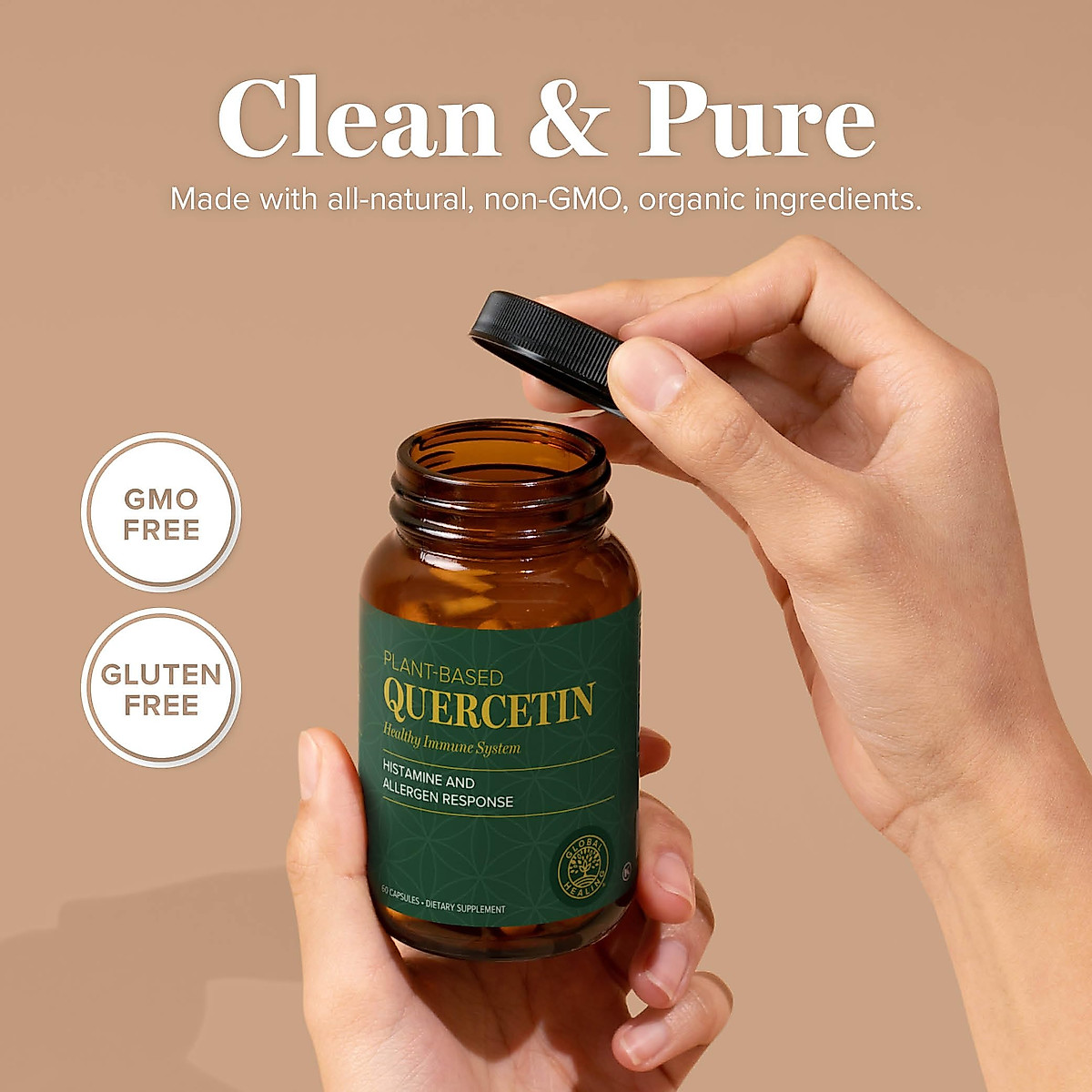 Global Healing Quercetin 250mg Supplement to Support Immune System Function, Respiratory Health & Body's Response to Occasional Allergies -Quercetin Supplements Without Bromelain & Zinc-60 Capsules