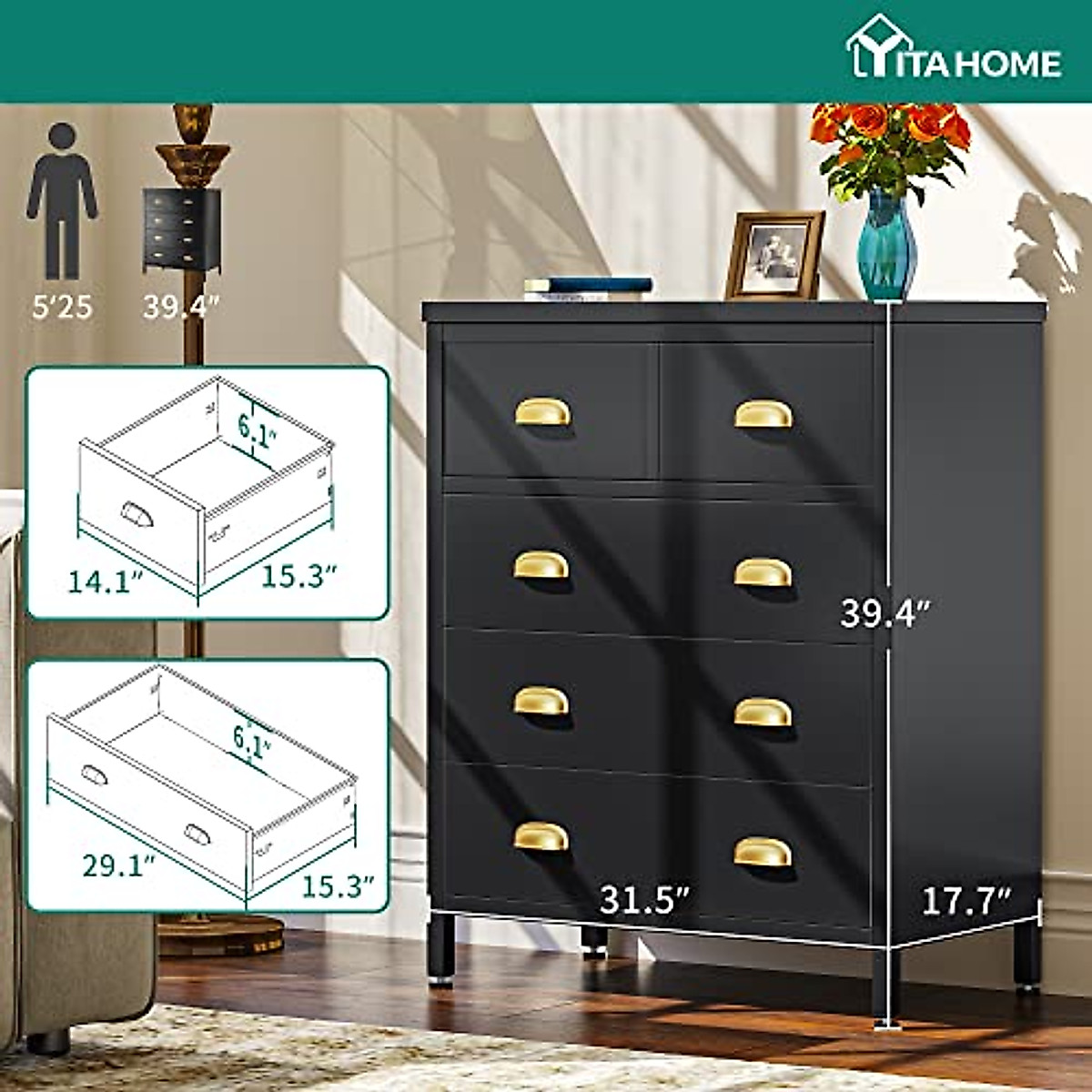 YITAHOME 5 Drawer Dresser, Metal Storage Chest of Drawers, Large Capacity Clothing Storage Organizer with Golden Handles, Tall Dresser for Bedroom, Living Room, Hallway, Entryway, Black