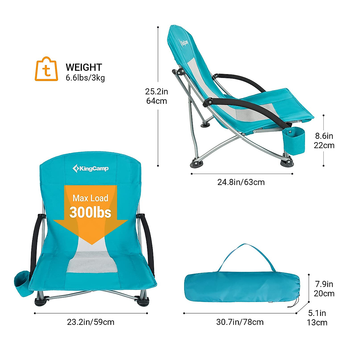 KingCamp Double Small Folding Portable Lightweight Low Sitting Sand Chair Beach Chairs for Adult with Cup Holder, Carry Bag Padded Armrest for Outdoor Beach Concert Traveling Festival BBQ
