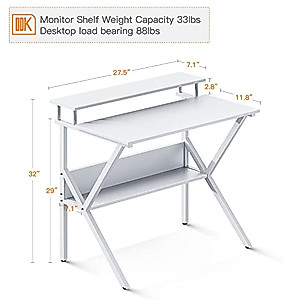 ODK Small Computer Desk, 27.5 inch Desk for Small Spaces with Storage, Compact Table with Monitor & Storage Shelves for Home Office, Modern Style Laptop Desk, Pure White