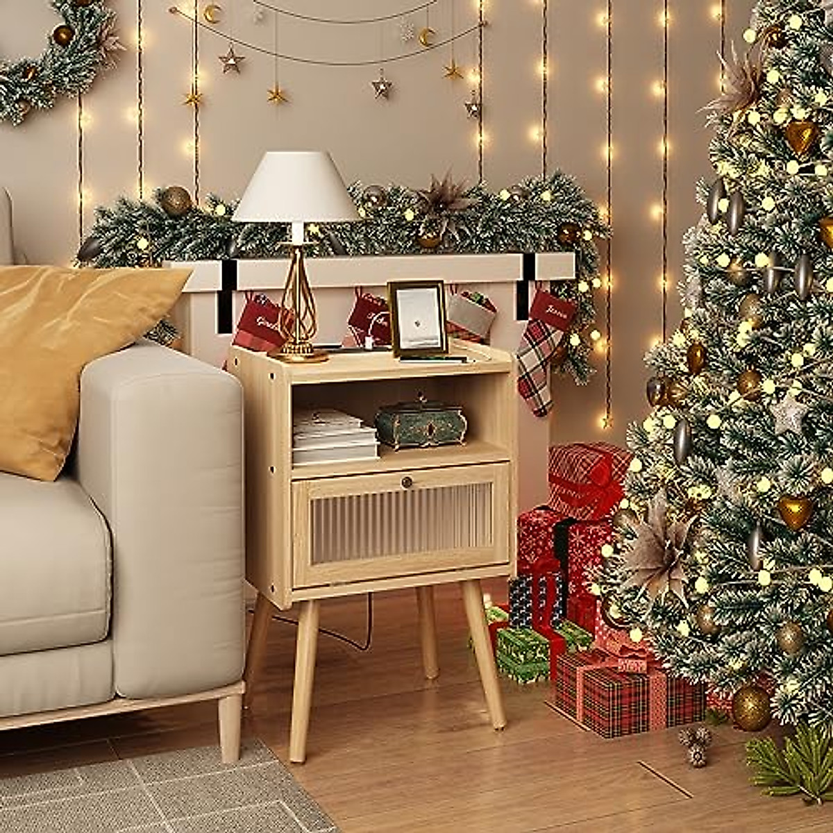 SOOWERY Mid Century Modern Nightstand with Charging Station, Bedside Tables with Glass Door, End Table Side Table with 2 Tiers Storage Space, for Bedroom, Living Room, Natural