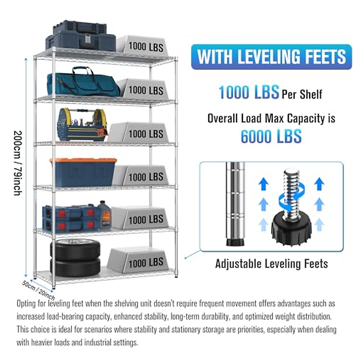 6 Tier NSF Wire Shelf Shelving Unit, 20 x 48 x 84.5 Inch 6000lbs Capacity Heavy Duty Adjustable Storage Metal Rack with Wheels/Leveling Feet&Shelf Liners, Ideal for Garage, Kitchen, and More - Chrome