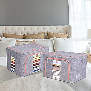 Tasmegol Foldable Clothes Storage Bins Stackable Steel Frame Closet Containers Organizer Bags Linen Cloth Clothing Box for Sweater Bedding Blanket（Grey 3 Pack 66L）