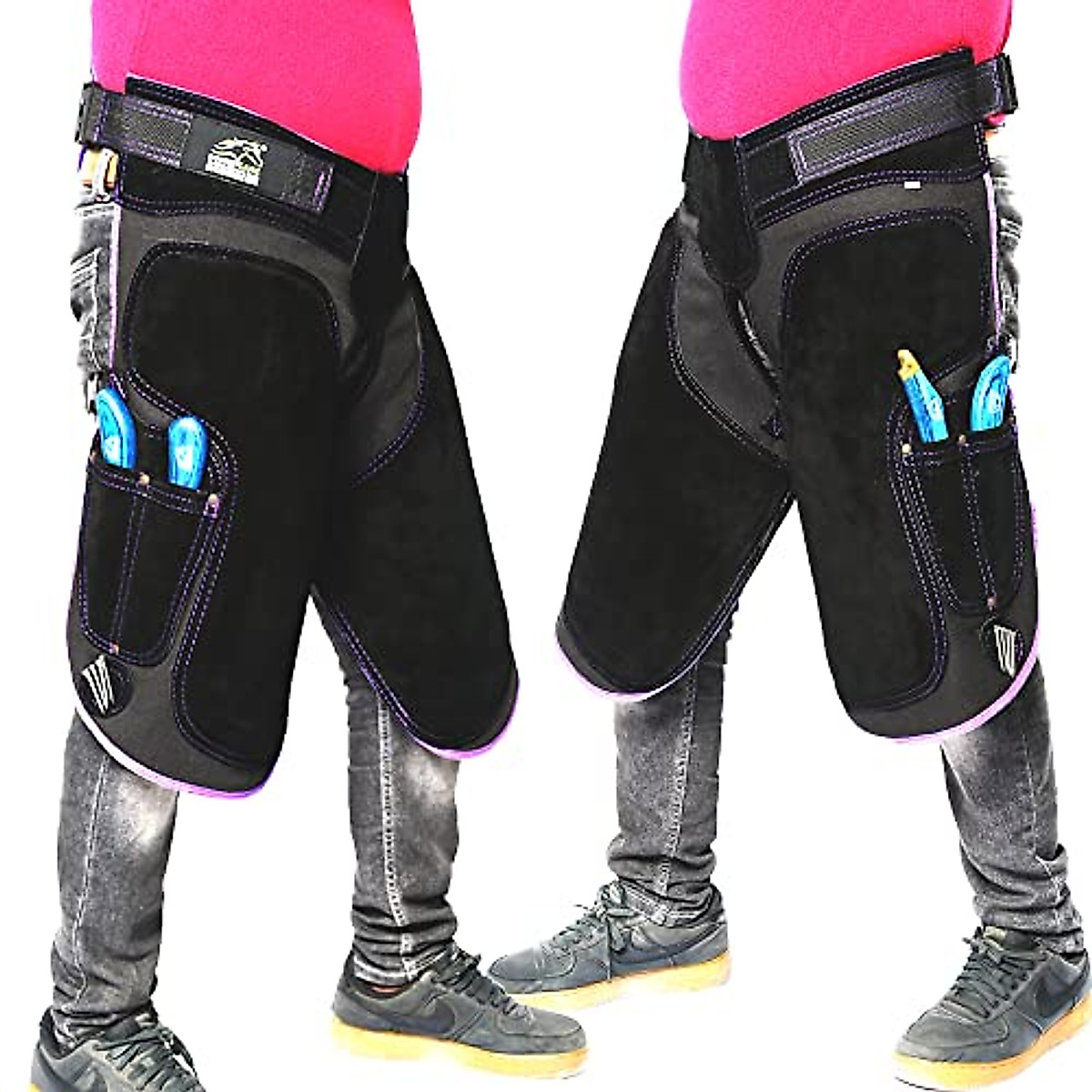 Equine Care Women's Farrier Apron with 4 Knife Pockets, 2 Nail Magnets, and Back Support - Cowhide Suede Leather and Canvas Chaps, 23 Inches-59CM