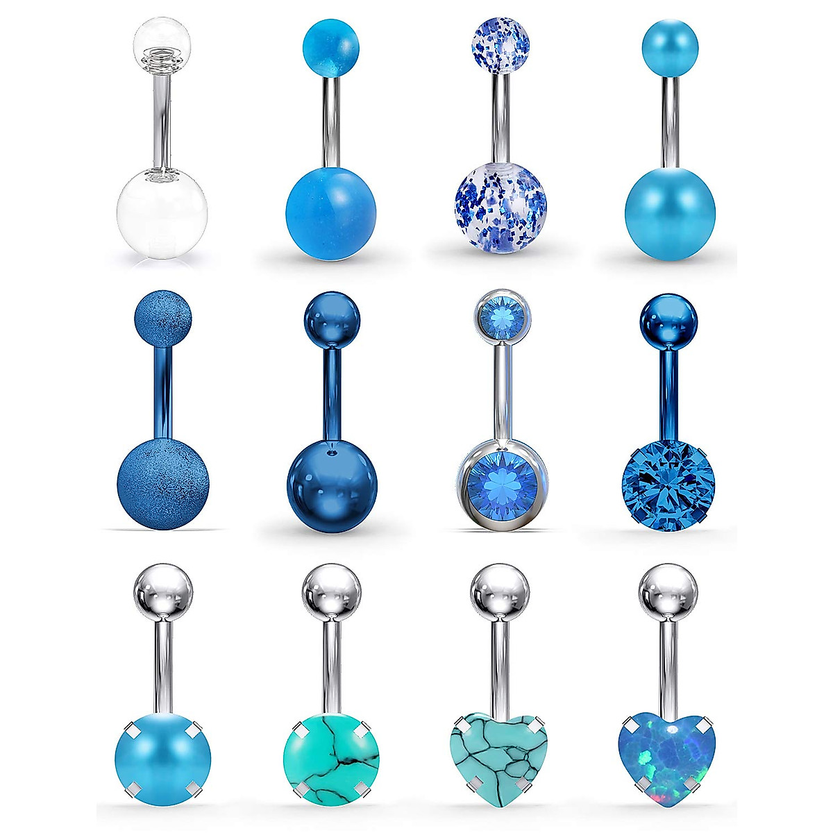 SCERRING Belly Button Rings 14G Stainless Steel Navel Belly Earring CZ Heart Opal Navel Ring Barbell Body Piercing Jewelry 12PCS Blue