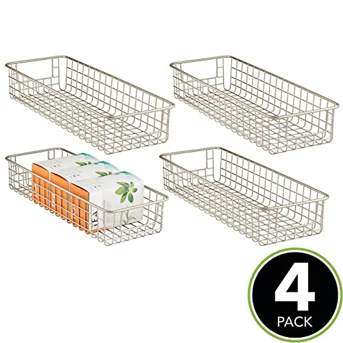 mDesign Metal Wire Food Storage Shallow Basket Organizer with Handles for Organizing Kitchen Cabinets, Pantry Shelf, Bathroom, Laundry Room, Closets, Garage - Concerto Collection - 4 Pack - Satin