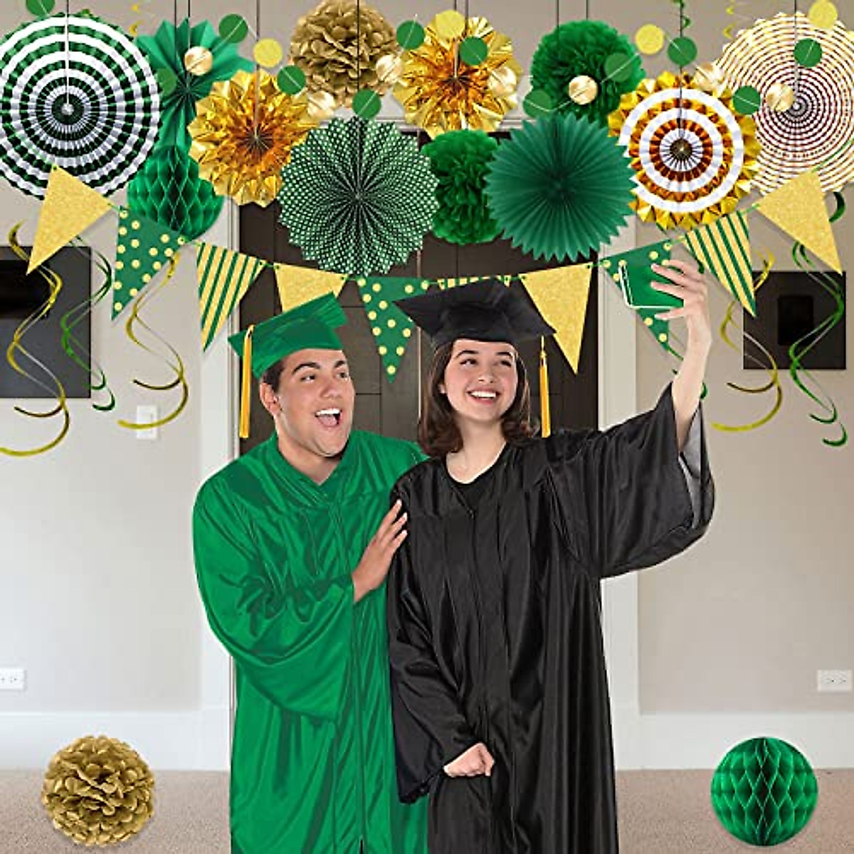 Green Gold Party Decorations Paper Fans, Graduation Season Hanging Glitter Triangle Flags Banner Hanging Paper Fan Happy Birthday Banners and Triangular Flag, Bridal Shower,Green Themed Birthday