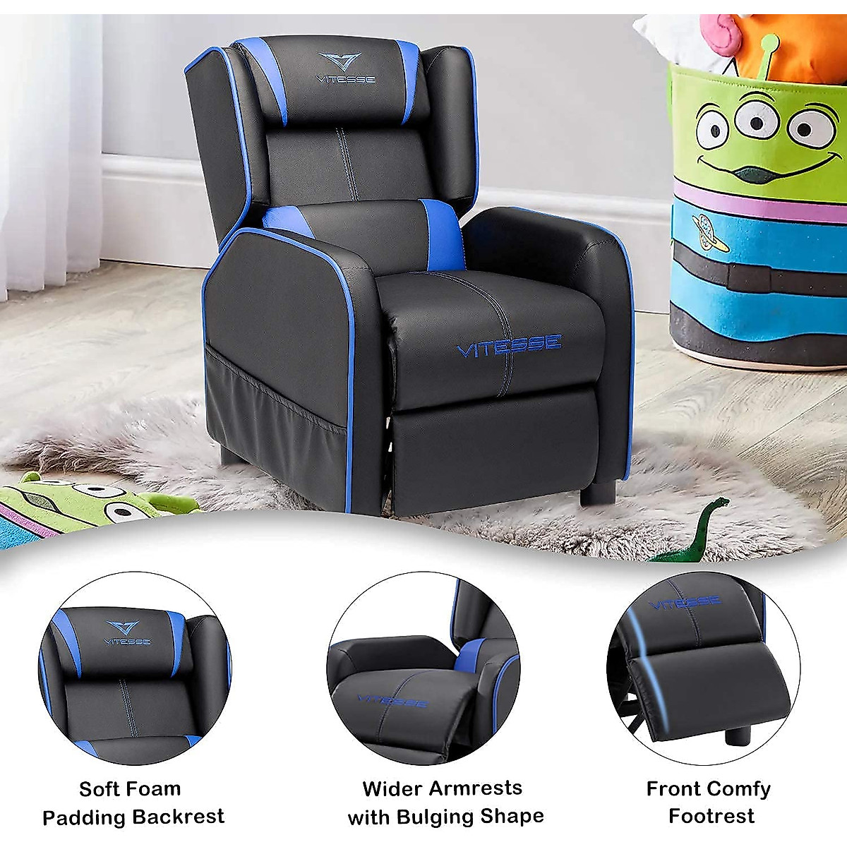 VIT Kids Recliner, Gaming Recliner Chair w/Footrest, Headrest, Lumbar Support & Side Pockets, Ergonomic Leather Lounge Chair for Living & Gaming Room, Adjustable Recliner Sofa for Boys Girls, Blue