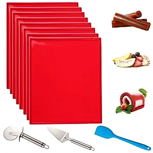 OUCBND 8 Pcs Silicone Dehydrator Trays with Edge - 12 x 10 Inch Non-stick Reusable Dehydrator Fruit Leather Mats with Silicone Scraper Cutter Wheel for Fruit Vegetables Meat Herbs and Liquid (red)