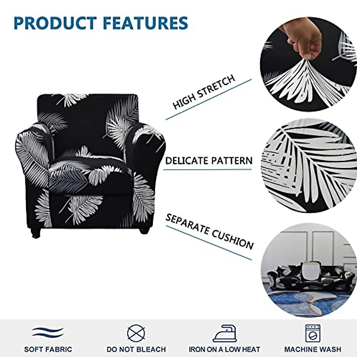 HAOYONG Couch Chair Cover 2 Pieces Printed Armchair Slipcovers Stretch Spandex Slipcover Couch Cover 1 Seater Chair Slip Cover Soft Furniture Slipcover with Elastic Bottom for Living Room