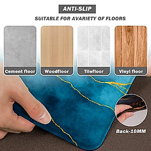 chiinvent Blue Kitchen Rugs Gold Stripes Modern Ink Art Decor Kitchen Floor Mat Cushioned Memory Foam Padded PVC Leather Heavy Duty Comfort Standing Runner Rugs, 17.3x28+17.3x47 inch