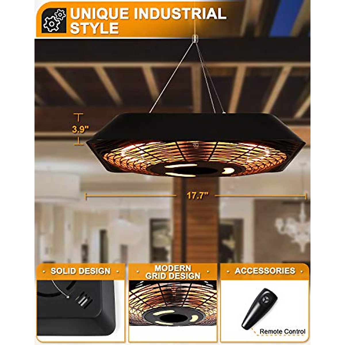 Star Patio Electric Patio Heater, Outdoor Heater with Remote and Touch Switch, 750W/1500W Infrared Heater with SQUARE SHAPE Black Finish, Modern Hanging Heater, IP45 Waterproof, STP1568-RMLED-SQ