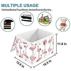 CaTaKu Flamingo White Storage Bins with Lids and Handles, Fabric Large Storage Container Cube Basket with Lid Decorative Storage Boxes for Organizing Clothes