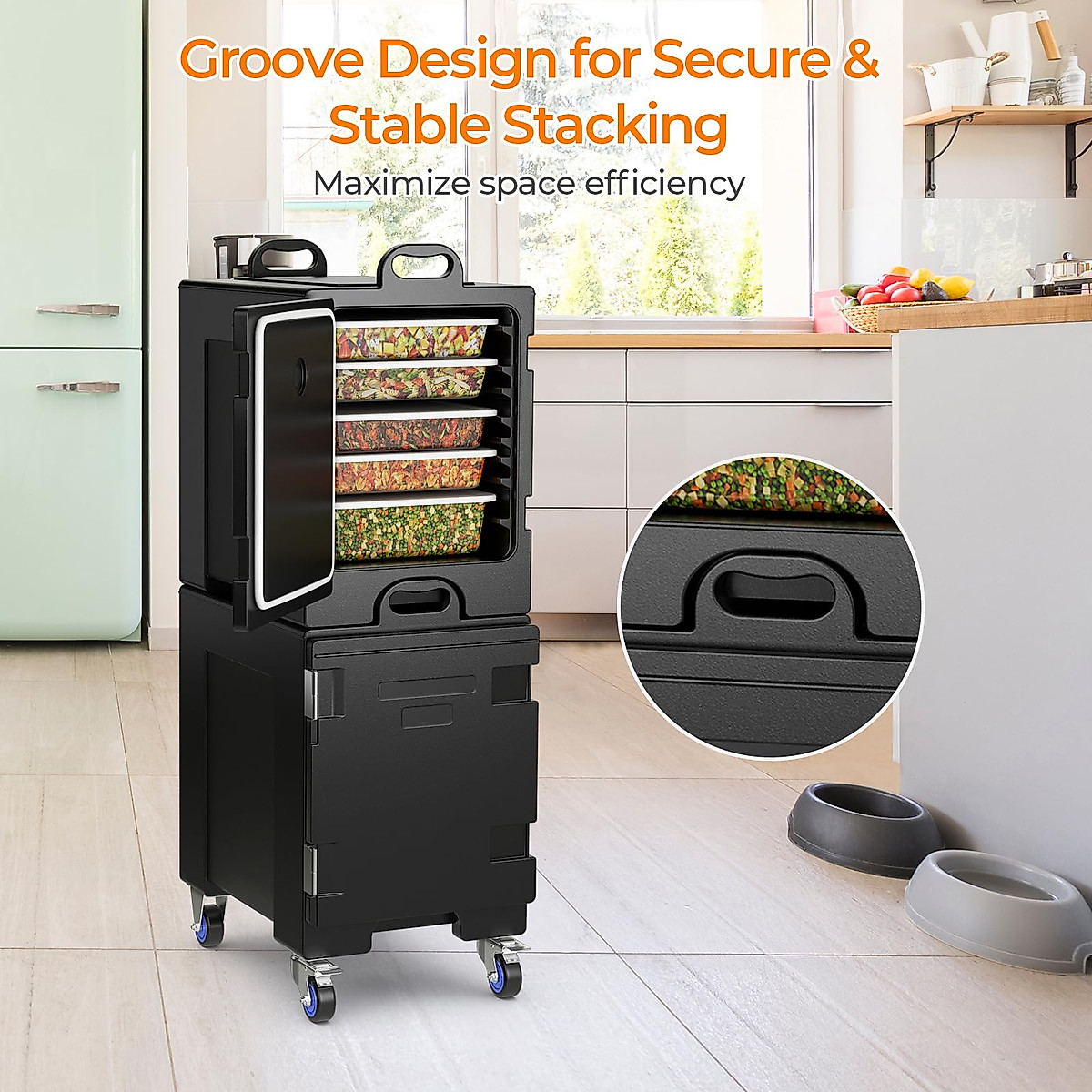 HAPPYGRILL Insulated Food Pan Carrier with Wheels, 81 Quart Food Warmer Box with Double Buckles, Movable Hot Box for Catering Restaurant Picnic, (1, Black with Wheel)