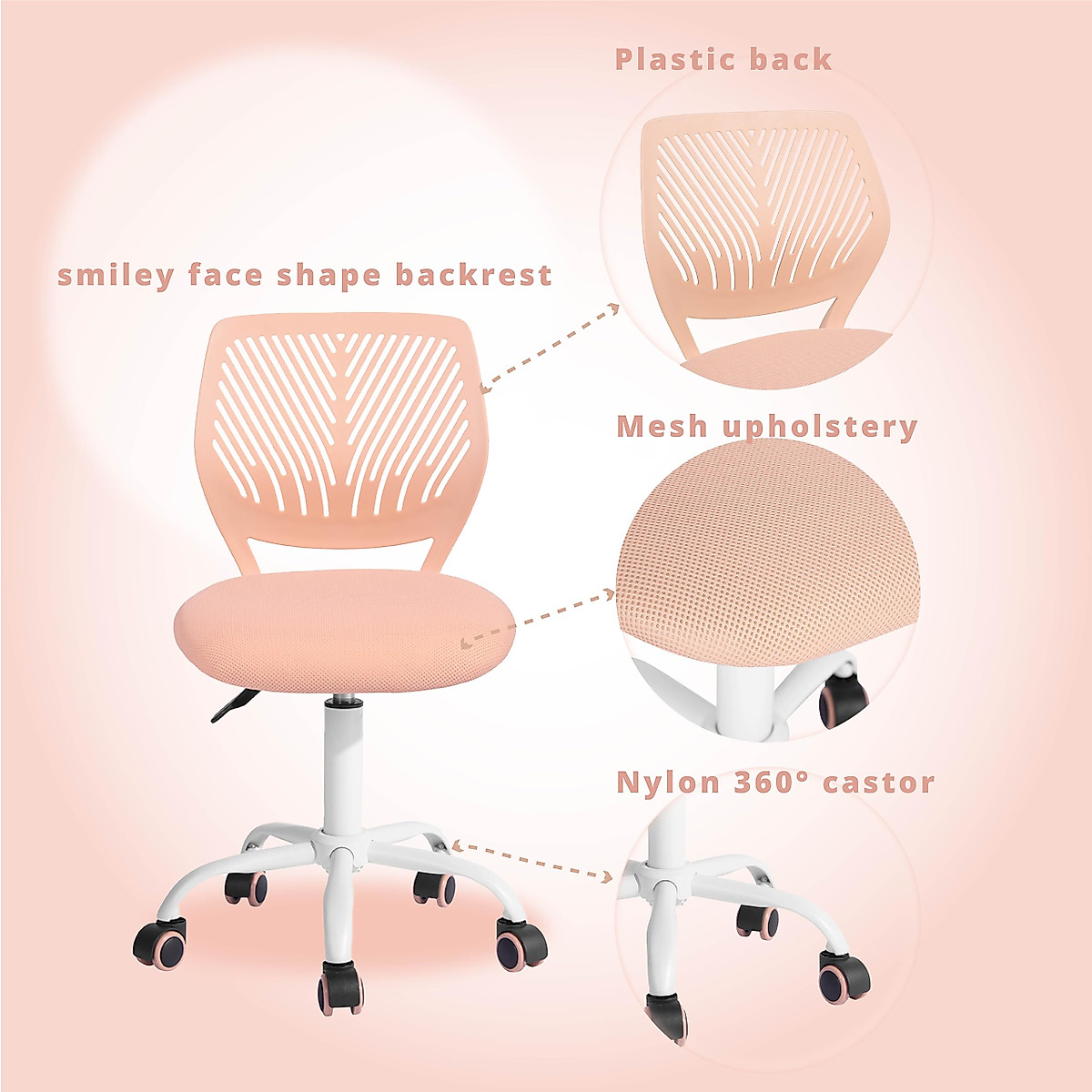 FurnitureR Teens Girls Task Chair 360 Swivel, Low Mid PP Mesh Back Fabric Seat, Height Adjustable, Rolling Castor, W15.7inces x D15.2inces x H29.5-34.2inches (Rose)