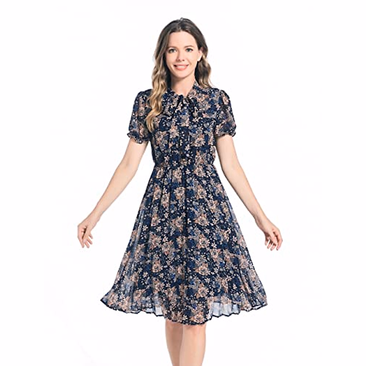 HAOKEKE Women Summer Print Dress Short Sleeves Chiffon Dress Retro Pleated Buttons Down Bow Tie Fairy Lady Dress Blue Flower US 12-14