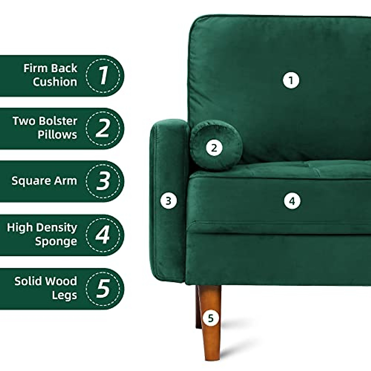 Vesgantti 58 inch Loveseat Sofa, 2 Seater Sofa for Small Space, Button Tufted Green Velvet Couch with 2 Pillows, Mid Century Modern Couch w/Armrest, Small Couches for Living Room, Bedroom, Apartment