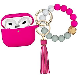 AirPods 3 Case Cover, KOUJAON Soft Silicone Skin Case for AirPods 3rd Generation with Bracelet Keychain Cute Apple Airpod 3 Cover for Women Girls (Hot Pink)