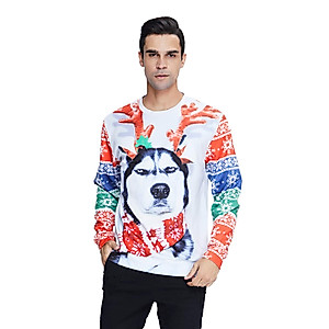 RAISEVERN Ugly Christmas Sweater for Men Women Funny Xmas Dog Husky Scarf Sweatshirt Holiday Festive Long Sleeve Winter Reindeer Pullover Top