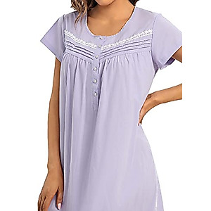 QRRLUEN Women's Nightgown Short Sleeve Cotton Mid Length Sleepwear Soft Comfy Button Loungewear Night Dress lilac colour