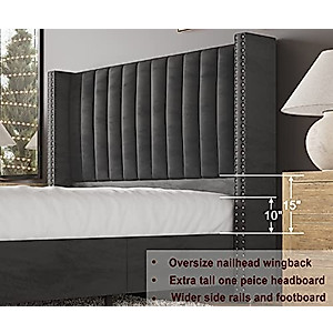 Jocisland Bed Frame Queen Size Upholstered Bed Wingback Headborad Velvet Channel Tufted/No Box Spring Needed/Dark Grey