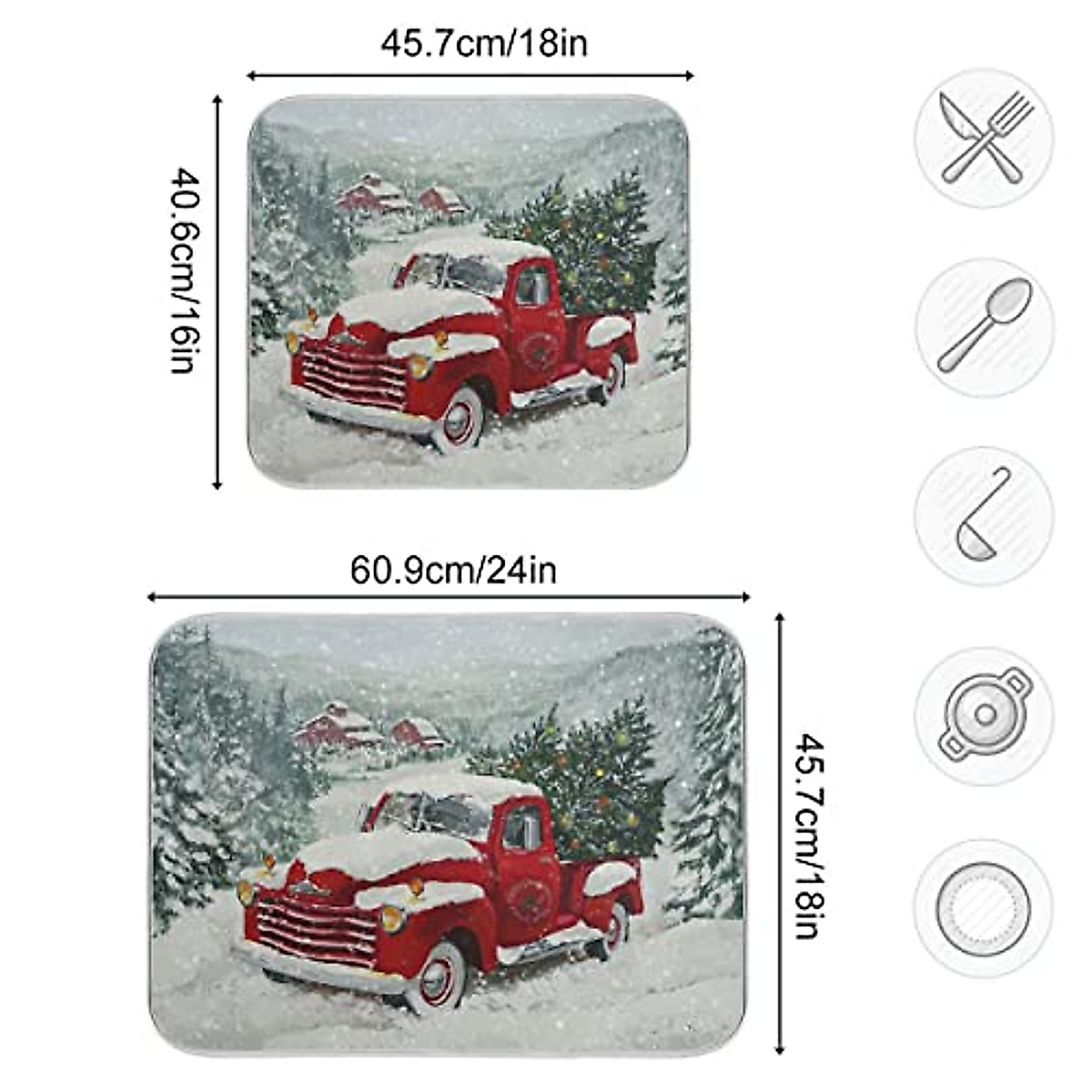 xigua Christmas Truck Dish Drying Mat for Kitchen Counter,Texture Ultra Absorbent Reversible Microfiber Dishes Drying Rack Pad Heat-resistant Mats 16x18in