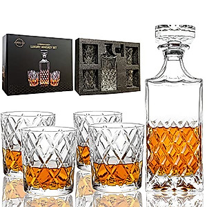Lighten Life Whiskey Decanter Set,Italian Style Decanter Set with 4 Glasses in Gift Box,Crystal Bourbon Decanter Set for Scotch,Liquor,Whiskey Decanter Set for Men and Women
