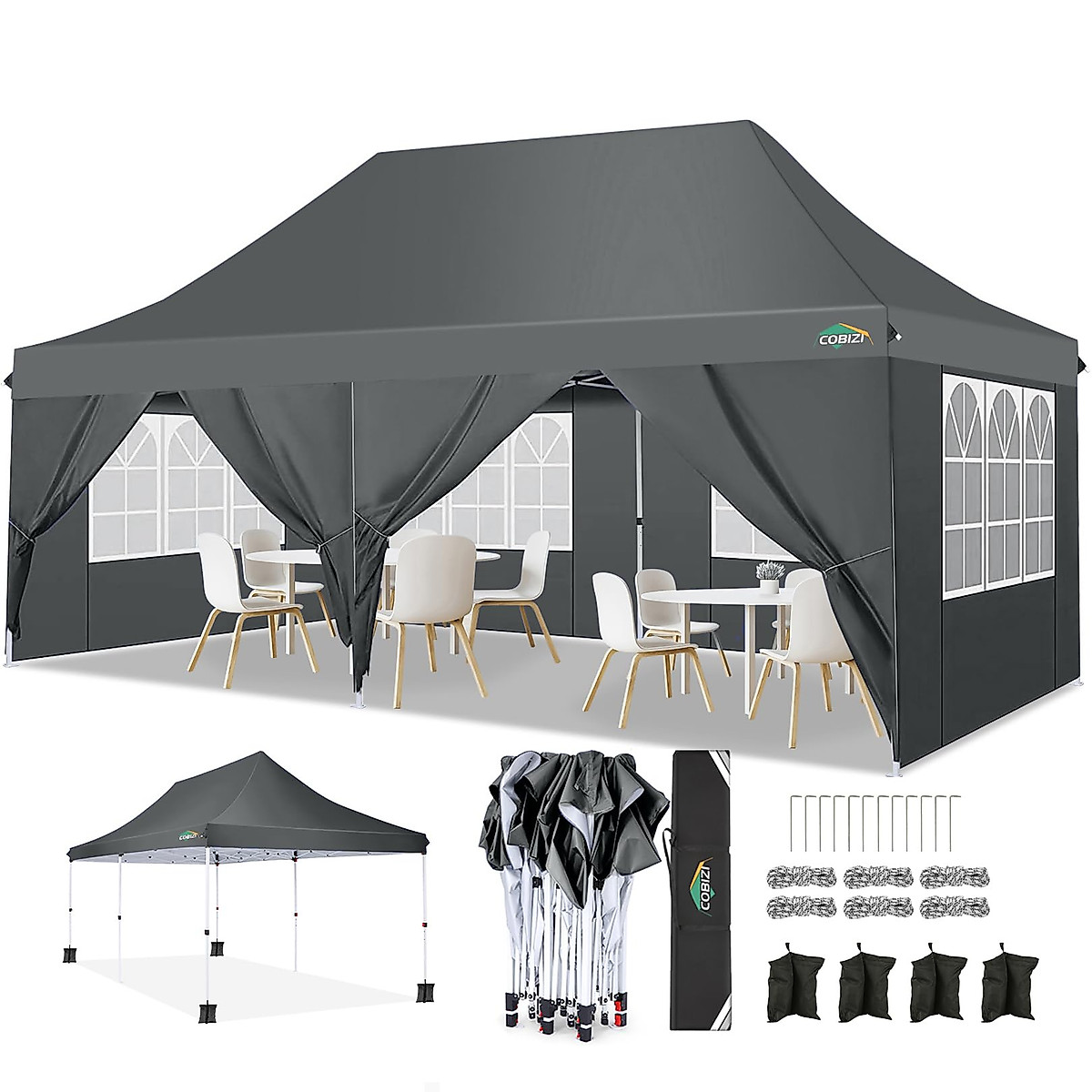 COBIZI 10x20 Pop up Canopy with 6 Removable Sidewalls, Outdoor Canopy Tents for Partie Wedding, Instant Sun Protection Shelter with Upgrade Raised Roof and Carry Bag, with Extra 4 Sandbags