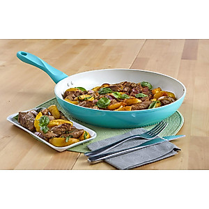 IMUSA USA Forged Sauté Pan with Soft-Touch Handle & Ceramic Nonstick Interior 12-Inch, Teal, 12 Inches