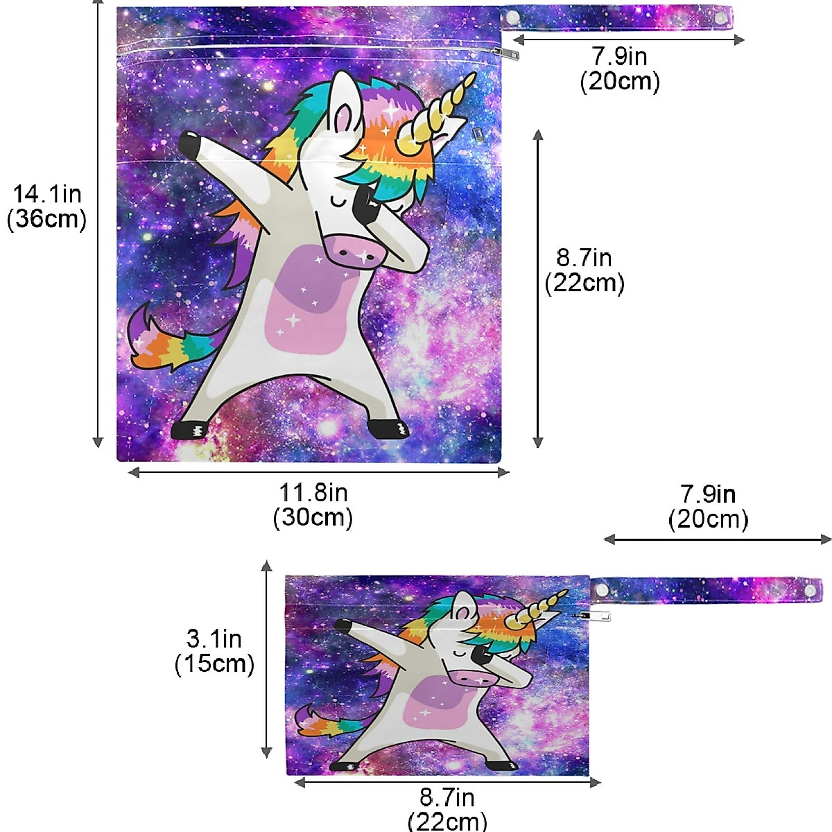 visesunny Fun Unicorn Galaxy Night Print 2Pcs Wet Bag with Zippered Pockets Washable Reusable Roomy for Travel,Beach,Pool,Daycare,Stroller,Diapers,Dirty Gym Clothes, Wet Swimsuits, Toiletries