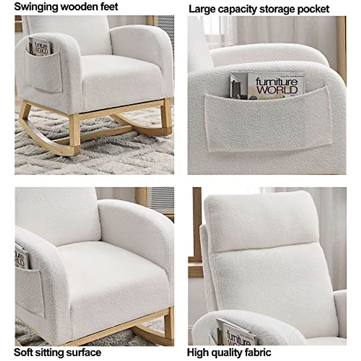 KIVENJAJA Rocking Chair Nursery, Modern Teddy Velvet Upholstered Nursing Glider Rocker Armchair, Comfy Accent Arm Chair with Side Pockets & High Pillowback for Living Room Baby Room, White