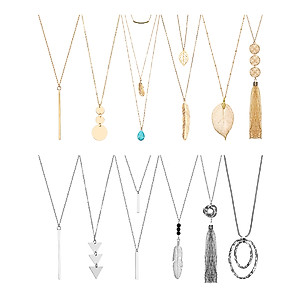 Hicarer 12 Pieces Long Pendant Necklace Set Y Tassel Leaf Circle Bar Necklace for Women (Classic Style)
