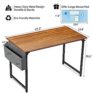 COMHOMA Computer Desk, 47 Inch Home Office Desks with Storage Bag and Headphone Hook, Modern Simple Style Writing Study Work Computer Table (Brown)