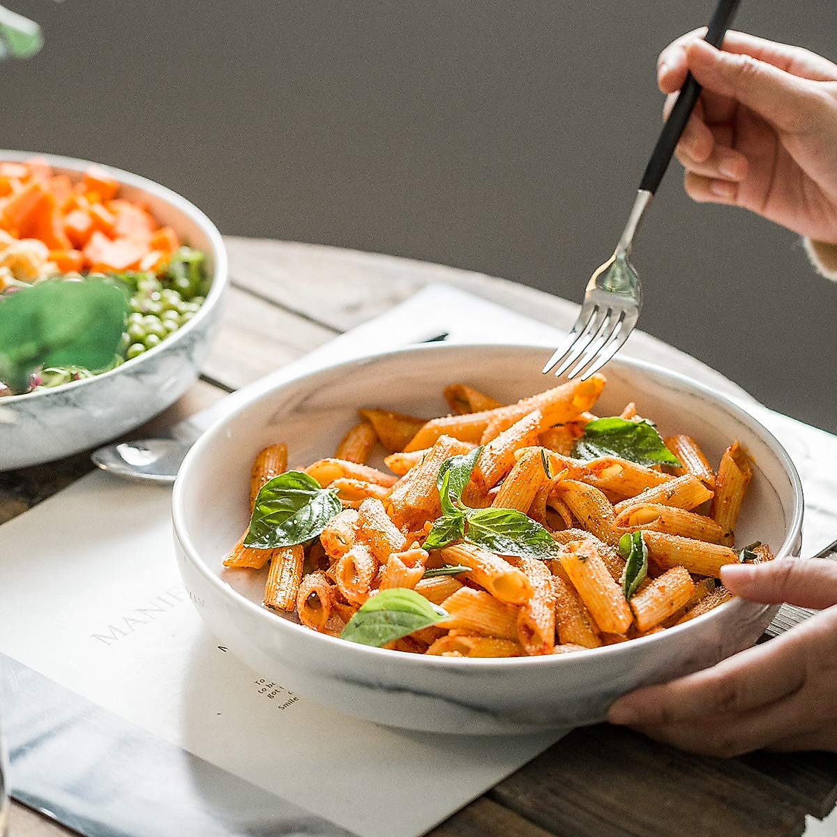 YHOSSEUN Serving Bowl Set, Ceramic Salad Serving Bowls Pasta Bowls Set of 2, Serving Dishes for Entertaining 10 inch Stackable Serving Bowls for Parties, Grey Marble