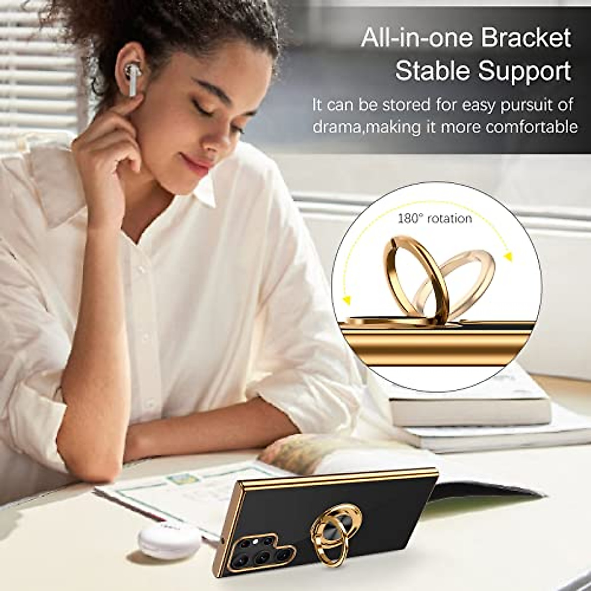 BENTOBEN Samsung S22 Ultra Case, 360° Ring Holder Kickstand Support Car Mount Elegant Plating Edge Slim Shockproof Soft TPU Protective Phone Cover for Samsung Galaxy S22 Ultra 6.8" 2022, Black/Gold