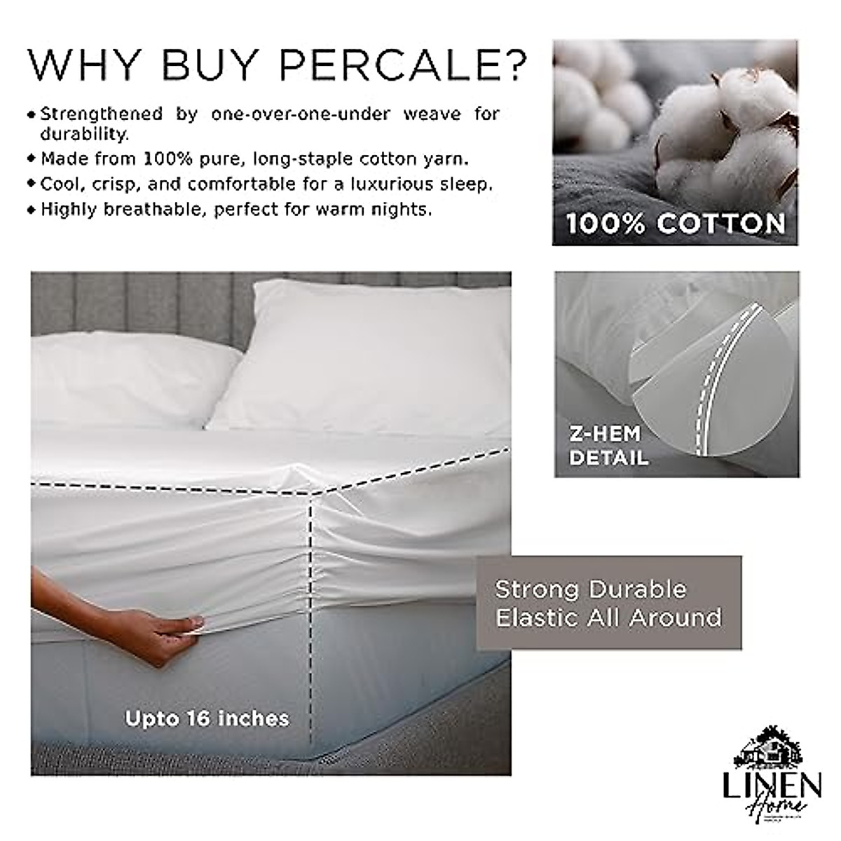 Linen Home 100% Cotton Percale Fitted Sheet Set Queen Size, White, Deep Pocket, 3 Piece -1 Deep Pocket Fitted Sheet and 2 Pillowcases, Crisp Cool and Strong Bed Linen