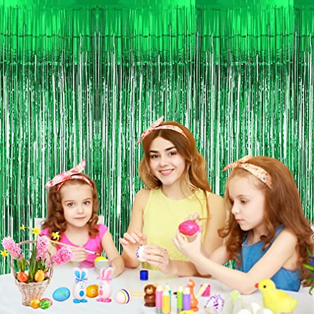 Muhome Green Foil Fringe Curtain, 2PCS 3.28FT x 8.2FT Tinsel Door Curtains & 1 Masking Tape Green Fringe Backdrop for St. Patrick's Day Wedding Kids Dinosaur Birthday Party Decorations
