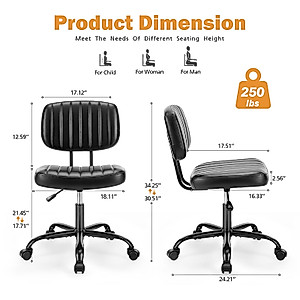 Gustonhon Home Office Desk Chair,Vanity Chair,Modern PU Adjustable Low Back Rolling Chair,Twill Upholstered Cute Office Chair,Desk Chairs with Wheels for Bedroom,Vanity Room,Classroom (Black)
