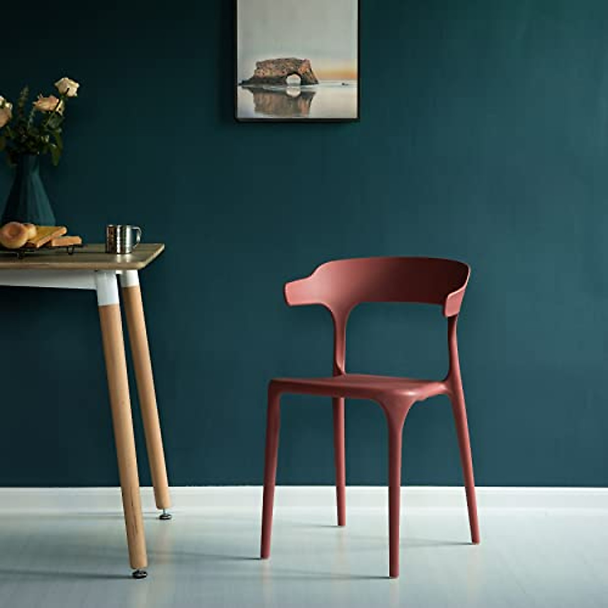 Fabulaxe Modern Plastic Outdoor Dining Chair with Open U Shaped Back, Red Set of 2