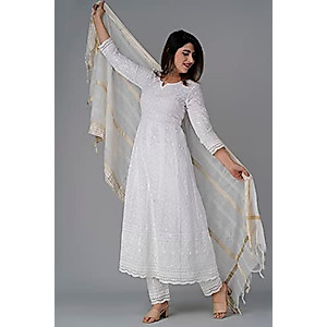 Chikankari Cotton Anarkali Indian Kurti For Women Summer Dress Kurta Pant With Dupatta Set Pakistani Long Kurta-(XXL) White