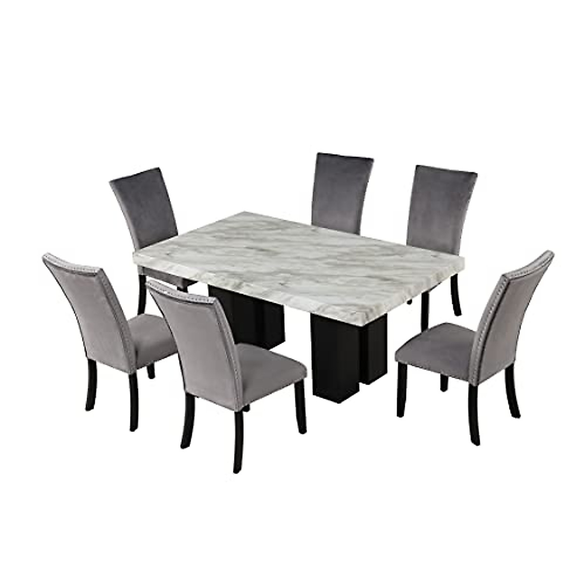 Homsof 7-Piece Set with 1 Faux Marble Dining Rectangular Table and 6 Upholstered-Seat Chairs, Gray+White 3