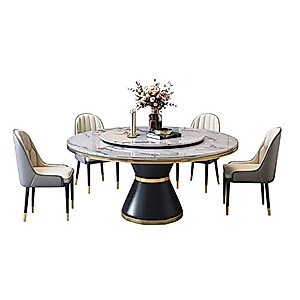 NIUYAO Round Marble Dining Table with Lazy Susan, Luxury Style 59" W Circular Tabletop Kitchen Table for Dining Room Kitchen Leisure Coffee Table -White Base