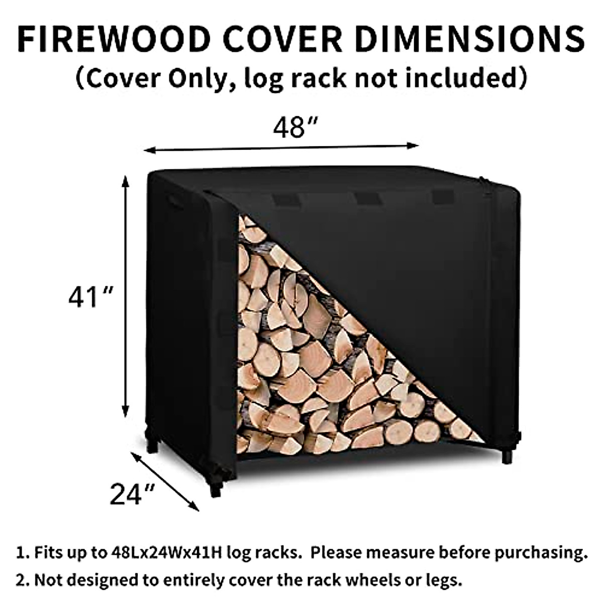 Easy-Going 4 Feet Outdoor Log Rack Cover Durable Waterproof Weatherproof Firewood Cover with Openable Front Flap (48"x24"x41", Black)