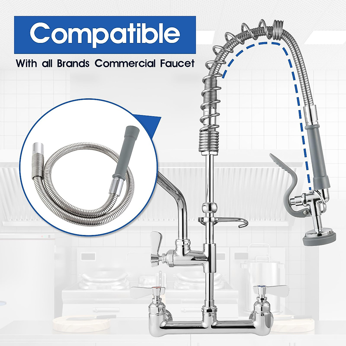 Gdyfdskin 44 Inch Pre-Rinse Hose with Heat Resistant Handle for Commercial Kitchen Sink Faucet, Flexible Stainless Steel Commercial Sink Sprayer Hose Replacement Parts - Grey