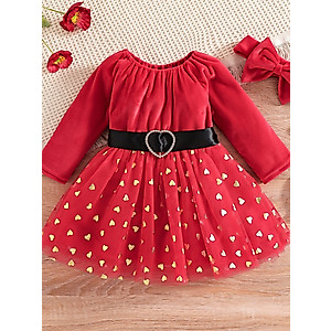 Spring hue Infant Toddler Girls Valentines Day Dress Outfit Love Heart Printed Velvet Long Sleeve Belted Tulle Dress A red 18-24 Months