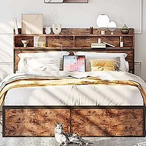 IRONCK Queen Bed Frame with Bookcase Headboard and Charging Station, Metal Platform Bed, Sturdy and No Noise, No Box Spring Needed, Vintage Brown