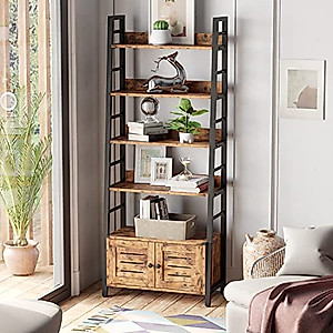 IRONCK Bookshelf with Louvered Doors, 4-Tier Ladder Shelf with Cabinet Industrial Accent Furniture for Bedroom Living Room Home Office, Rustic Brown